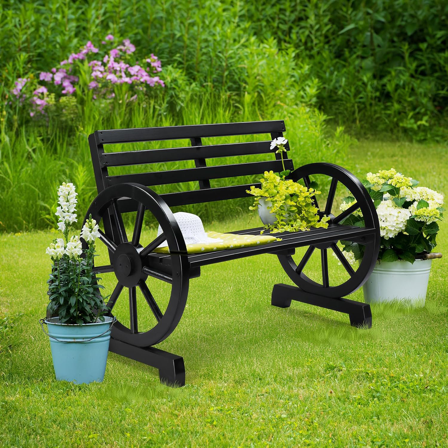 Rosalind Wheeler 41" Rustic Wooden Wheel Bench Outdoor Bench, 2-Person Patio Bench Wagon Slatted ...